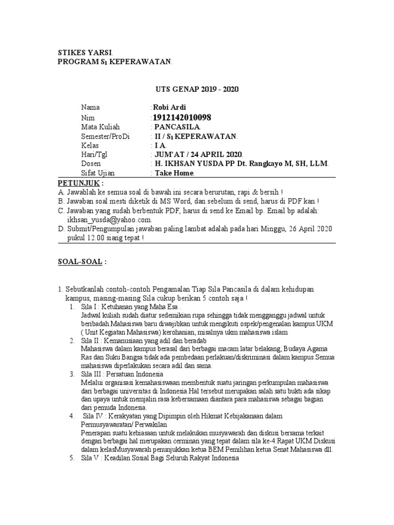 UTS PANCASILA 1A S1 Perawat Genap 19-20 | PDF