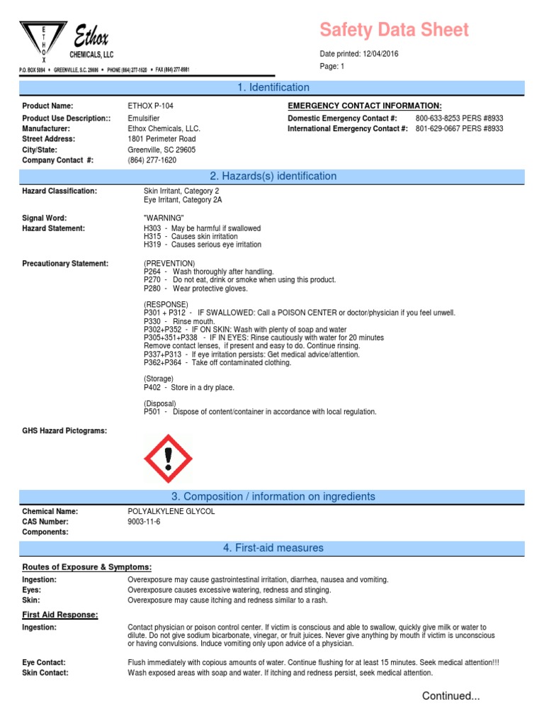 MSDS Ethox P-104 | PDF | Chemistry | Materials