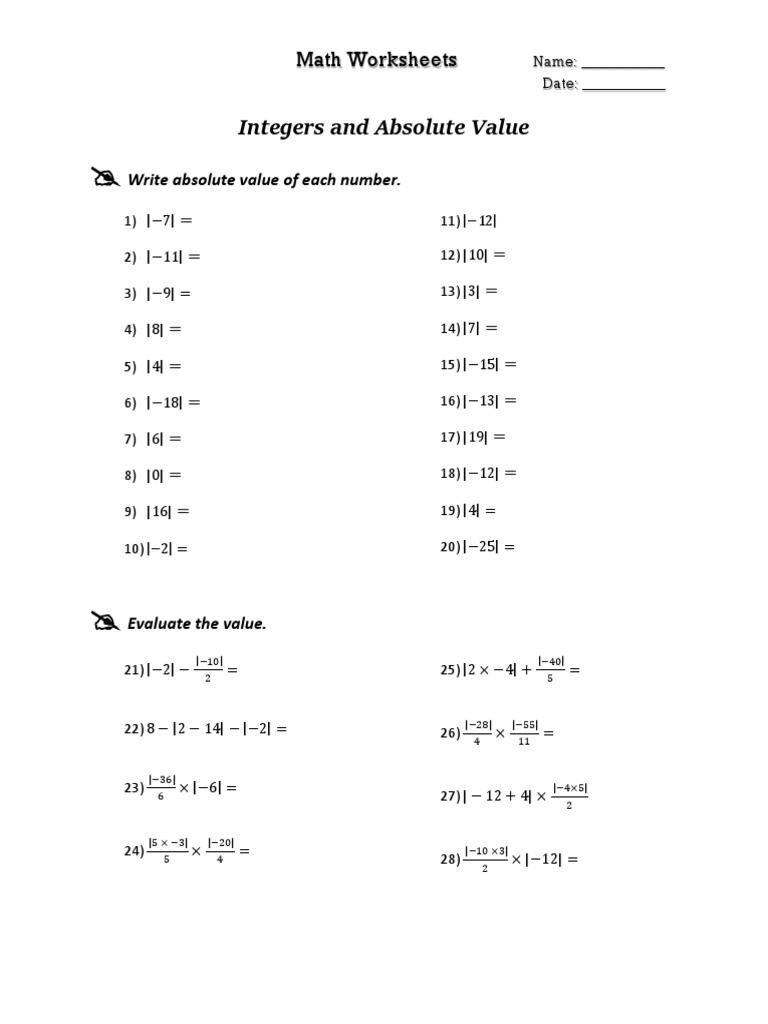 Integers and Absolute Value: Math Worksheets | PDF | Mathematics ...