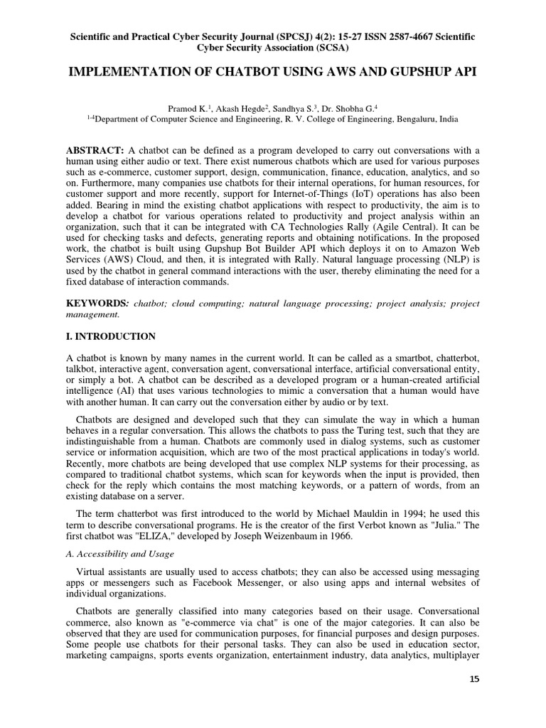 Implementation of Chatbot Using Aws and Gupshup Api | PDF | Computing | Computer Science