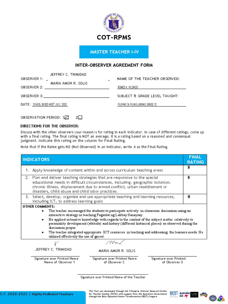 Cot-Rpms: Master Teacher I-Iv | PDF | Educational Technology | Teachers