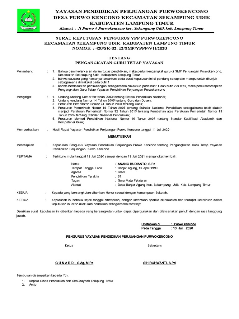 Contoh SK Pengangkatan Guru | PDF