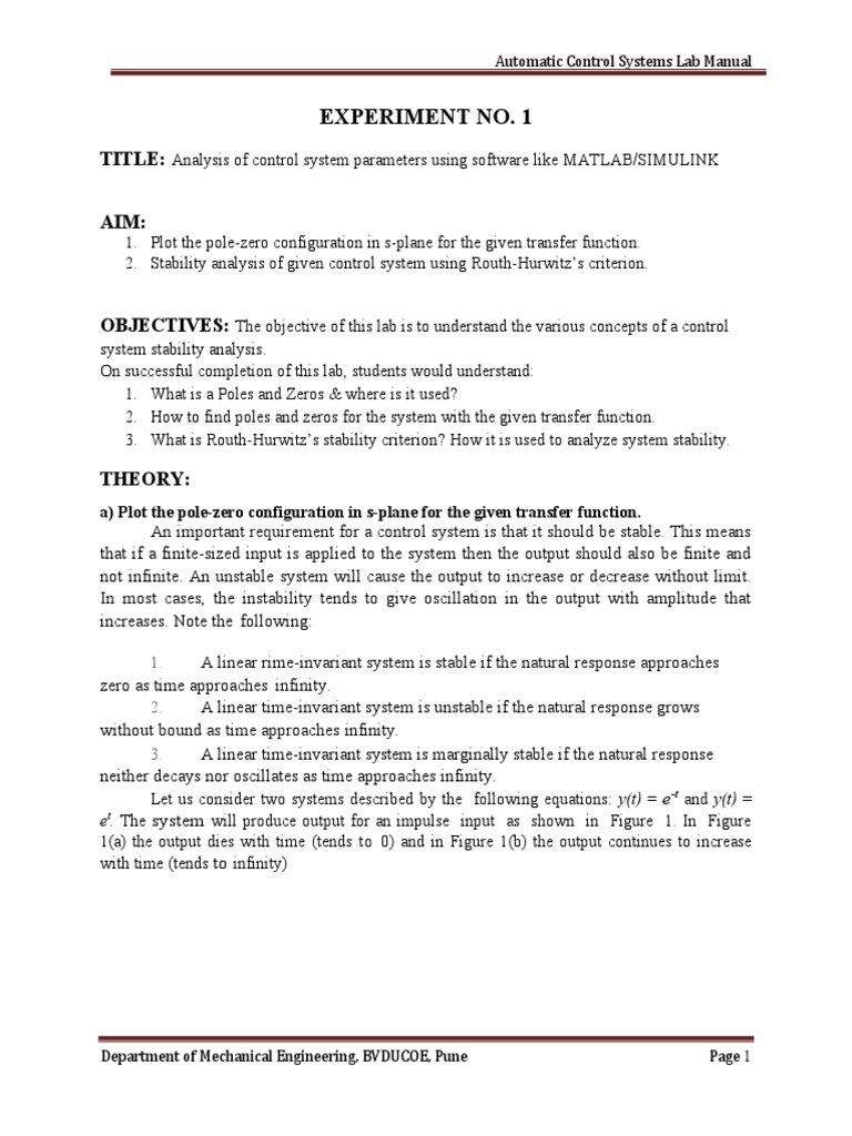 Experiment No 1 Analysis of Control System Parameters | PDF ...