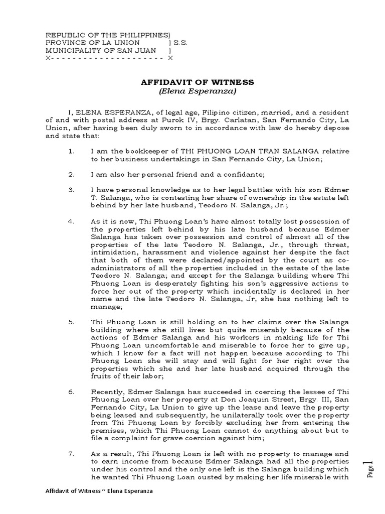 Affidavit of Witness Elena Esperanza | PDF | Affidavit | Common Law