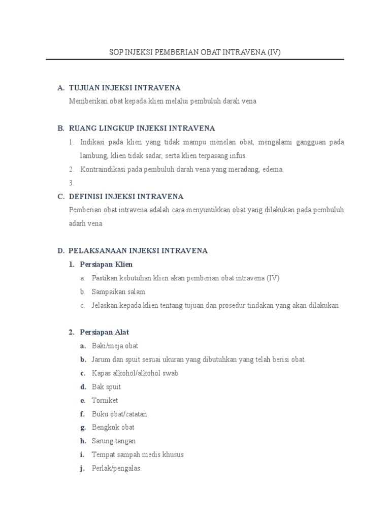 Sop Injeksi Pemberian Obat Intravena | PDF