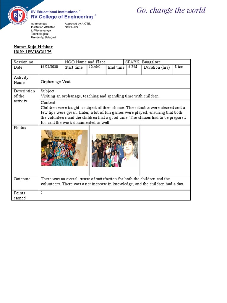 Orphanage Visit Report: SPARK Bangalore | PDF