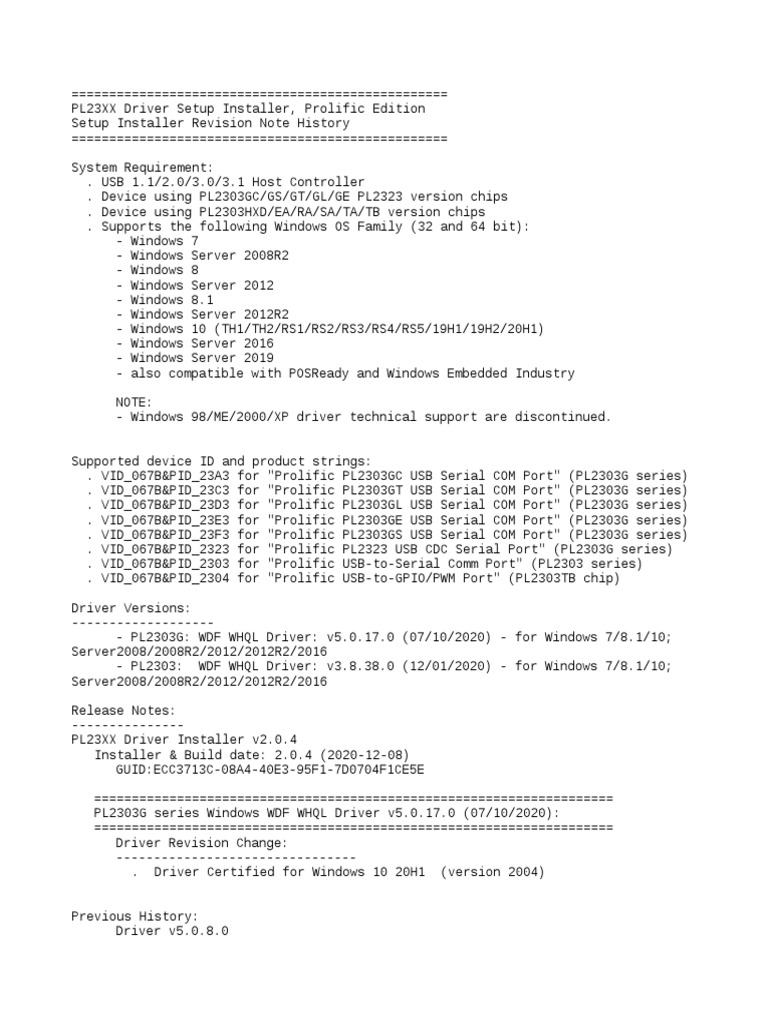 PL23XX DriverInstallerv2.0.4 ReleaseNote | PDF | Device Driver | Microsoft Windows