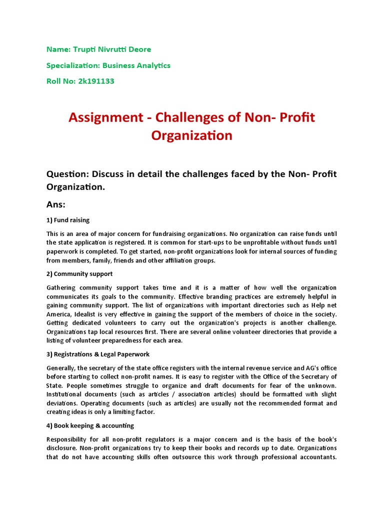 Assignment - Challenges of Non-Profit Organization | PDF | Nonprofit ...