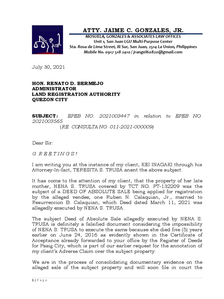 Letter To Lra Administrator Hon Renato D. Bermejo Re Trusa Case | PDF ...