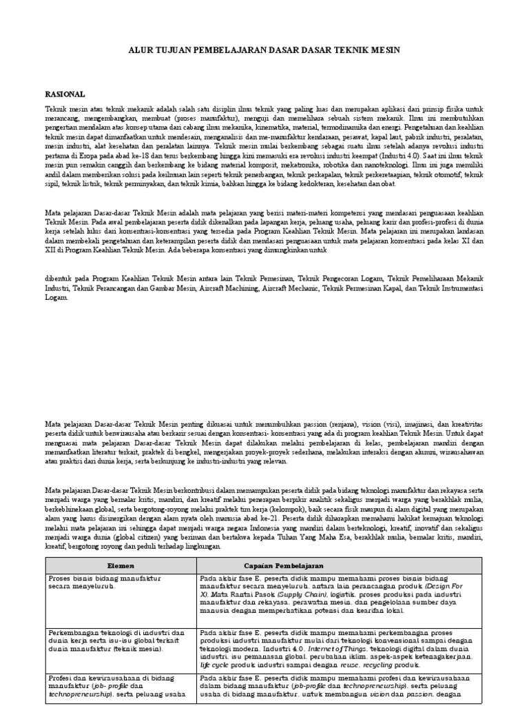 Alur Tujuan Pembelajaran Dasar Dasar Teknik Mesin Fix | PDF