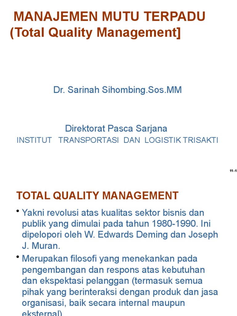 Manajemen Mutu Terpadu (Total Quality Management) : Dr. Sarinah ...