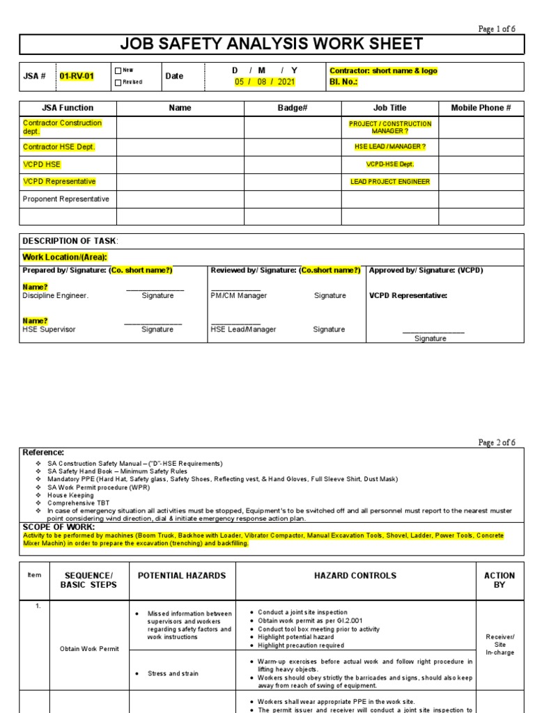 JSA-Work Sheet | PDF | Hyperthermia | Personal Protective Equipment