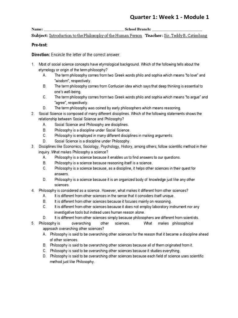 Quarter 1: Week 1 - Module 1: Pre-Test: Direction: Encircle The Letter ...