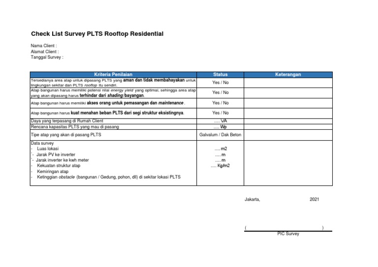 Check List Survey Rooftop Residential | PDF