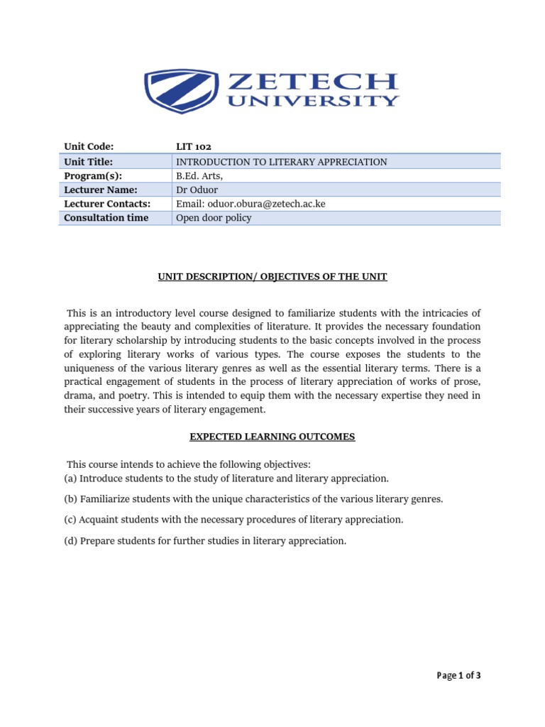 Unit Code: LIT 102 Unit Title: Program(s) : Lecturer Name: Lecturer Contacts: Consultation Time ...