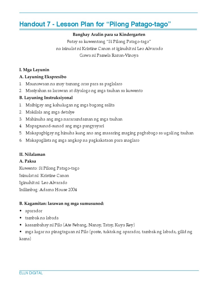 M2L3 Handout7 Lesson Plan Si Pilong Patagotago | PDF