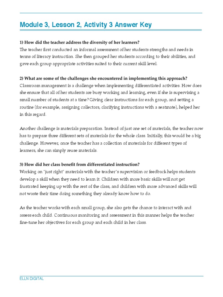 Module 3, Lesson 2, Activity 3 Answer Key: 1) How Did The Teacher Address The Diversity of Her ...