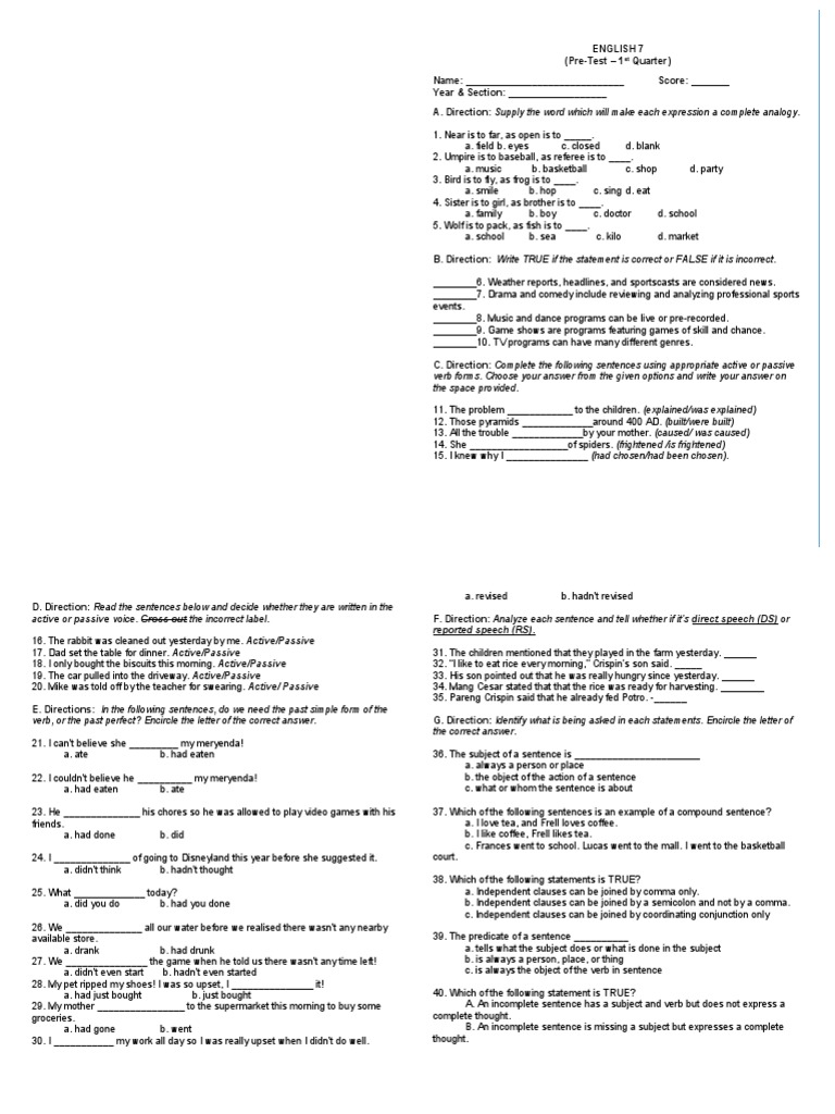 Pre Test For English 7 1st Quarter | PDF | Language Mechanics | Grammar
