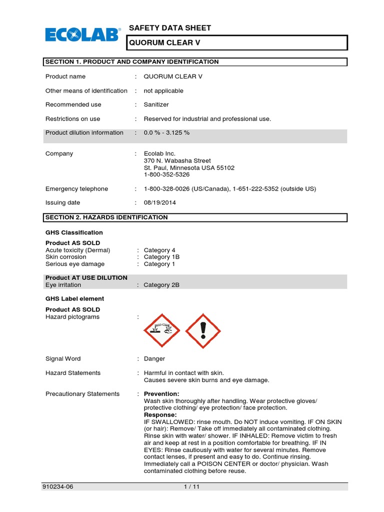 Safety Data Sheet Quorum Clear V: Section 1. Product and Company ...