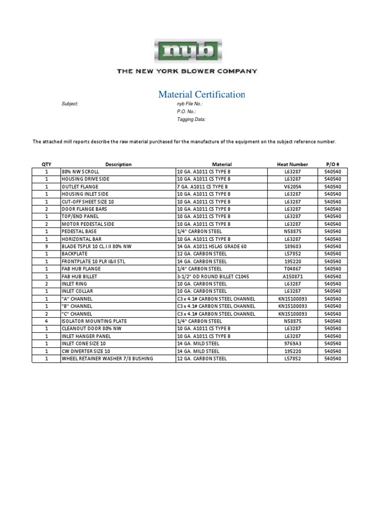 Material Certification: QTY Description Material Heat Number P/O ...