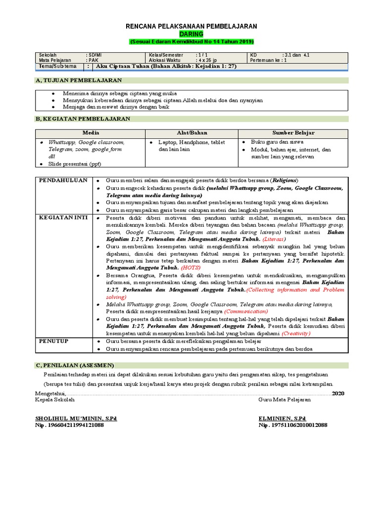 RPP Agama Kristen Kelas 1 SD-dikonversi | PDF | Karier & Perkembangan | Sains & Matematika