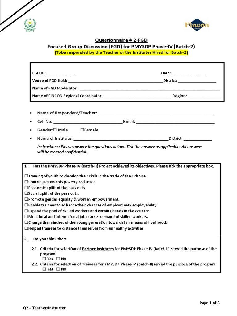Questionnaire # 2-FGD Focused Group Discussion (FGD) For PMYSDP Phase ...