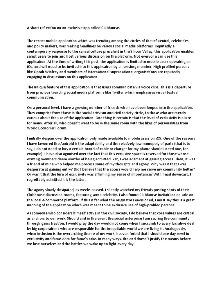 Reflection on Clubhouse App Exclusivity | PDF | Computing | Software