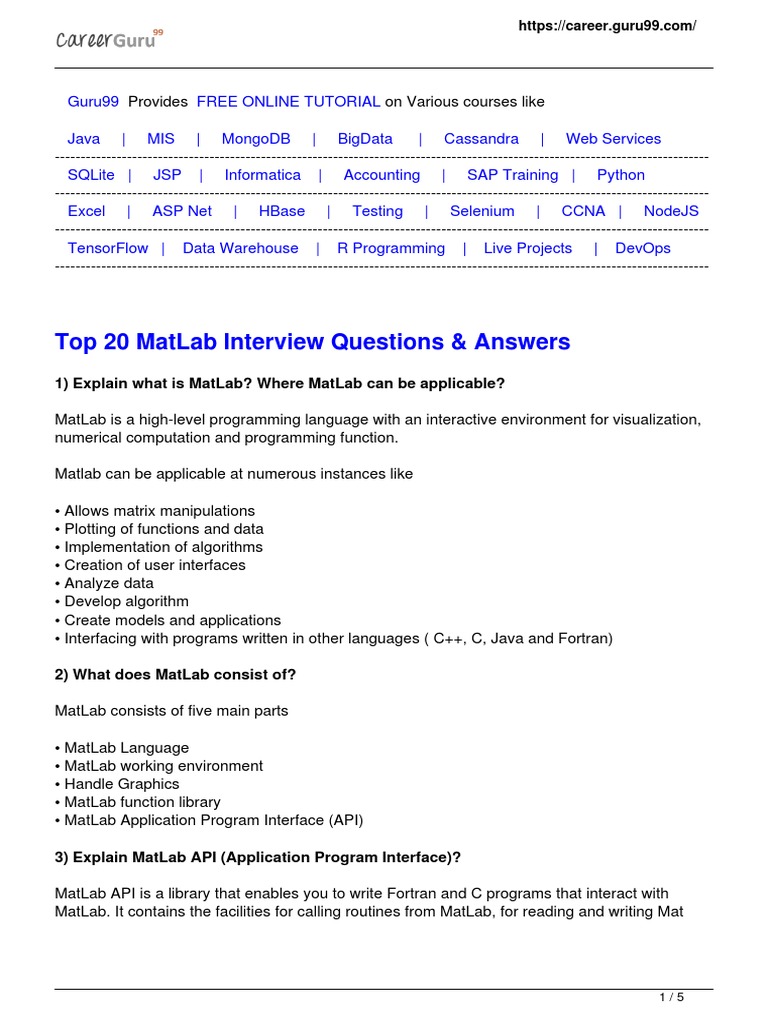 Top 20 Matlab Interview Questions And Answers 1 Explain What Is Matlab Where Matlab Can Be