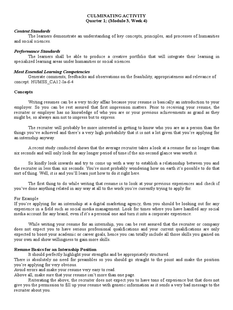 Culminating Activity Week 4 | PDF | Résumé | Learning