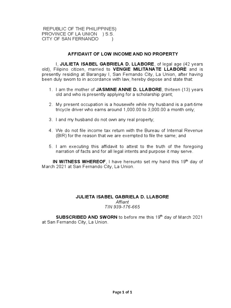 AFFIDAVIT OF LOW INCOME and NO PROPERTY - Jasmine | PDF
