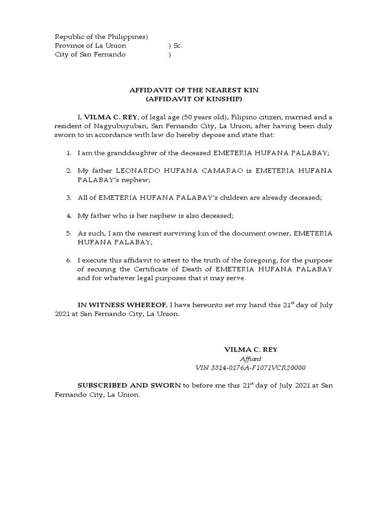 Affidavit of Nearest Kin - Vilma Rey | PDF