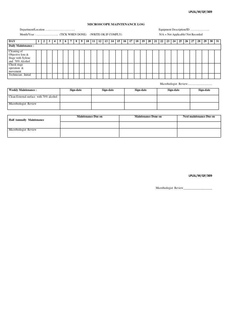 Microscope Maintenance Log Template | PDF | Business | Computers