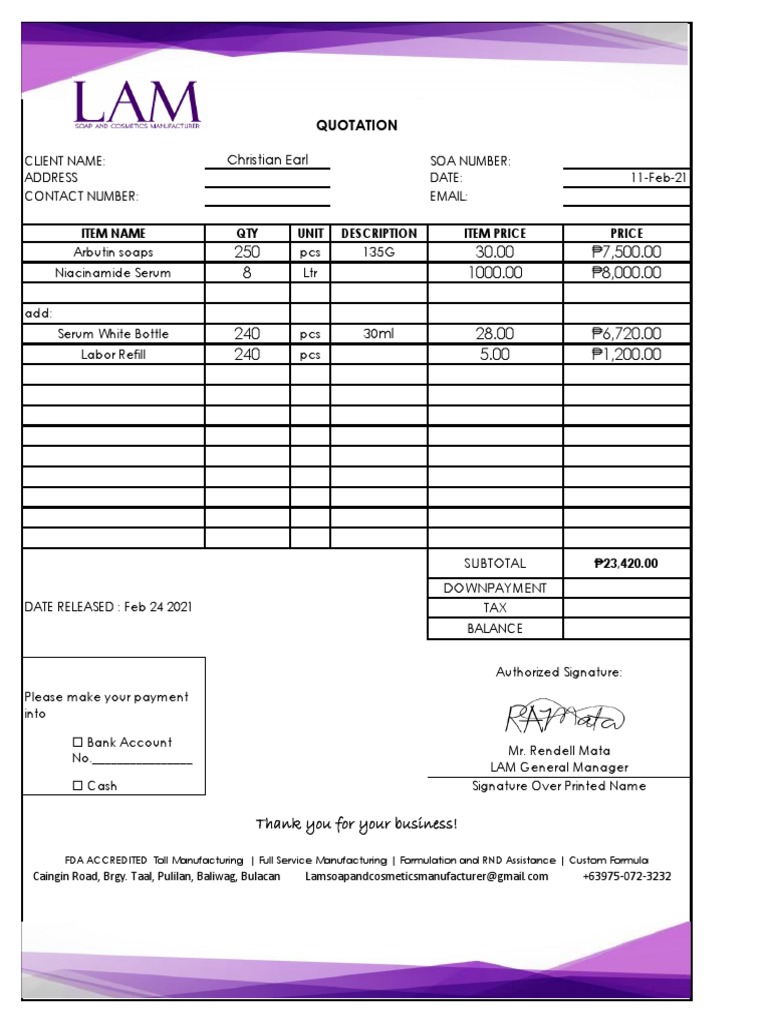 Sample Pricing Quotation For Skincare Brand | PDF