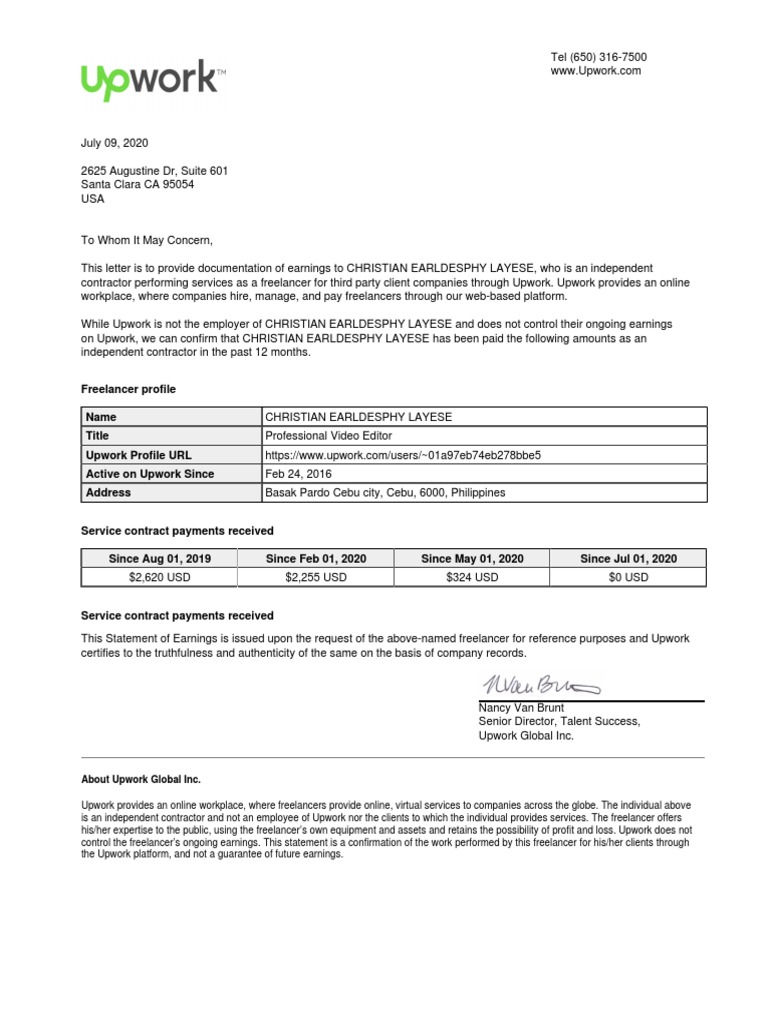 Upwork Certificate of Earnings For Freelance Video Editor in Dollars ...