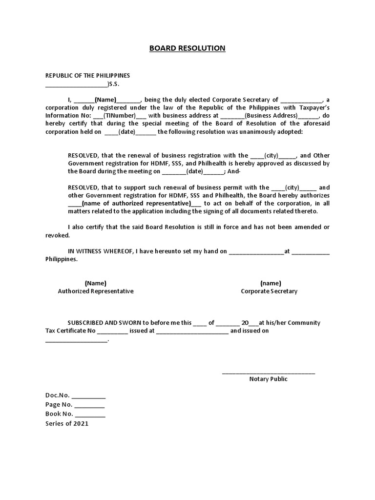 Board resolution for business renewal | PDF