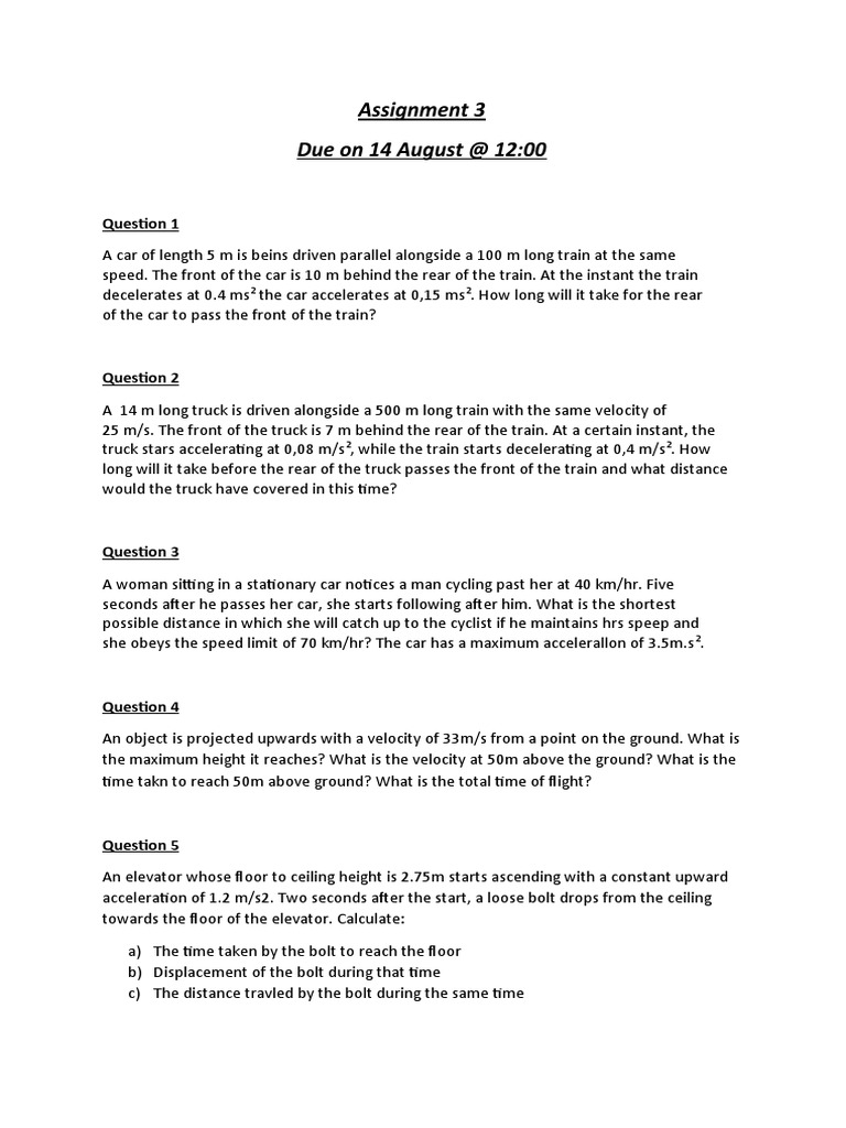 Assignment 3 Due On 14 August | PDF | Acceleration | Speed