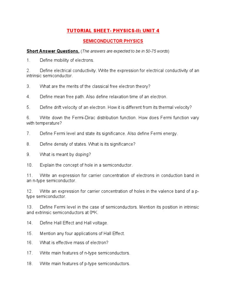 Physics - II - Tutorial Sheet - Unit - 4 - Semiconductor Physics | PDF | Semiconductors ...