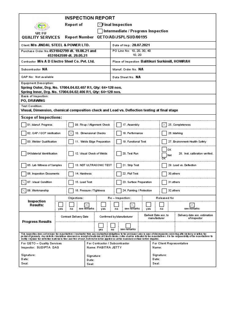 Inspection Report: Report of Final Inspection Intermediate / Progress ...