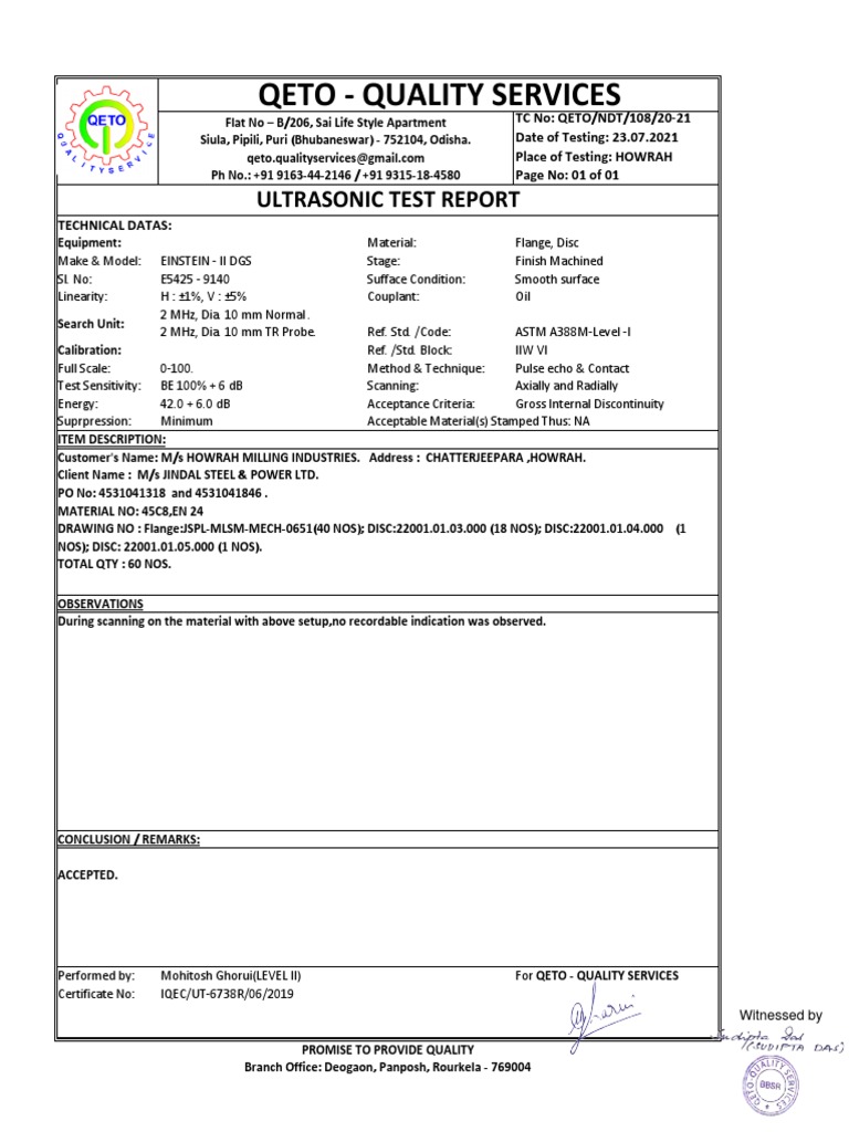 Qeto - Quality Services: Ultrasonic Test Report | PDF | Applied And ...