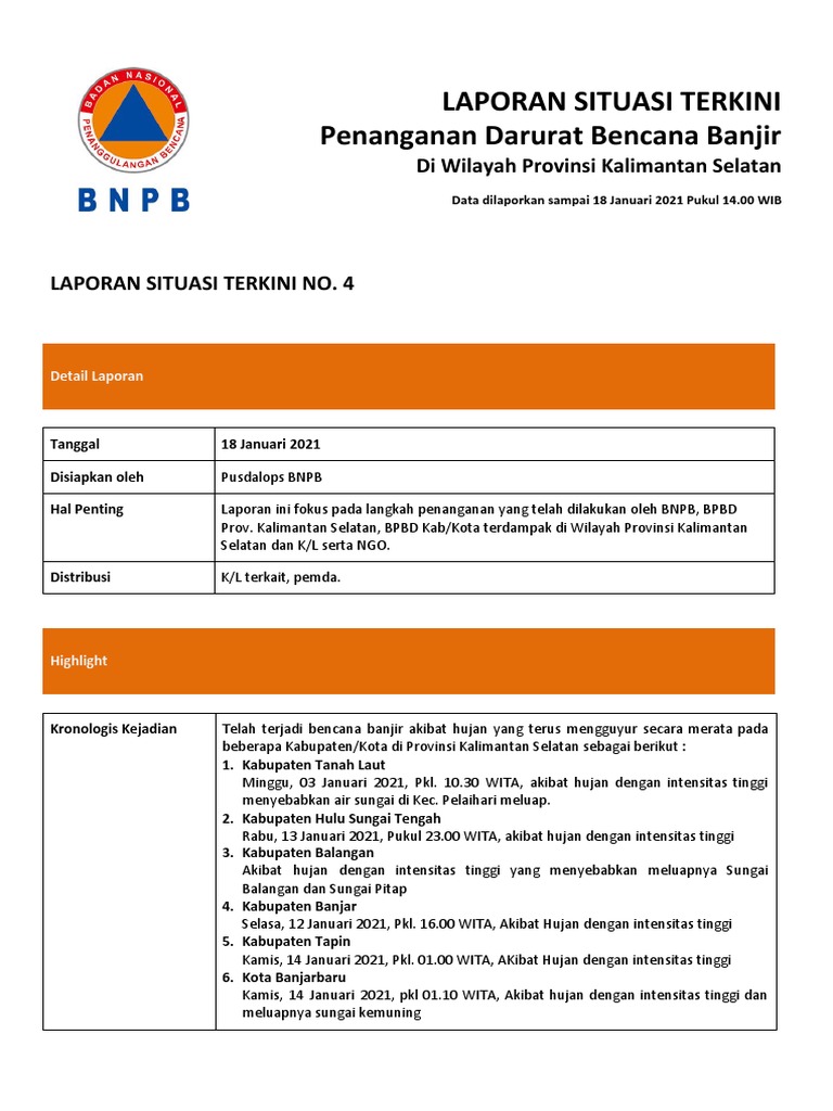 18-01-2021 Sitrep Bencana Banjir Prov. Kalimantan Selatan 4 | PDF
