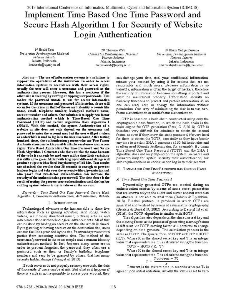 Implement Time Based One Time Password and Secure Hash Algorithm 1 For Security of Website Login ...