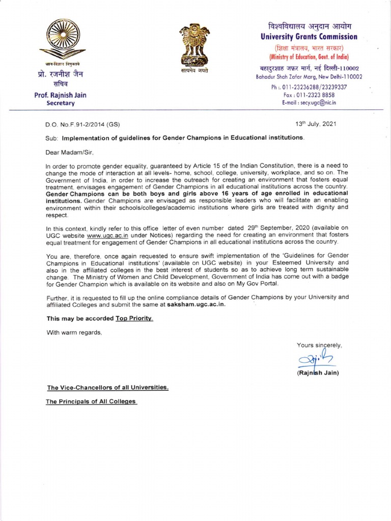 UGC Letter Guidelines Gender Champions Saksham | PDF