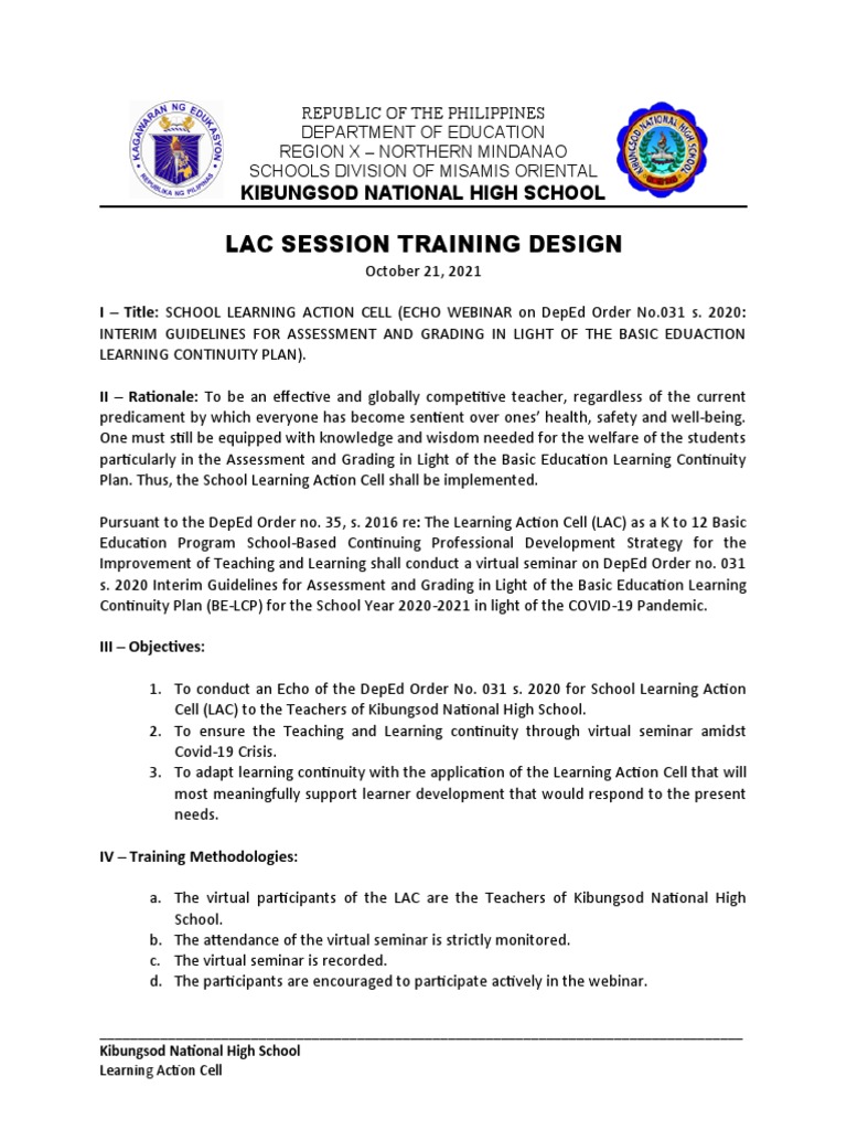 Lac Session Training Design: Kibungsod National High School | Download ...