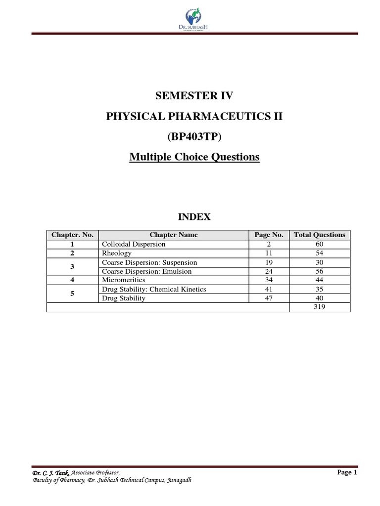 Semester Iv Physical Pharmaceutics Ii (BP403TP) Multiple Choice Questions | PDF | Emulsion | Colloid