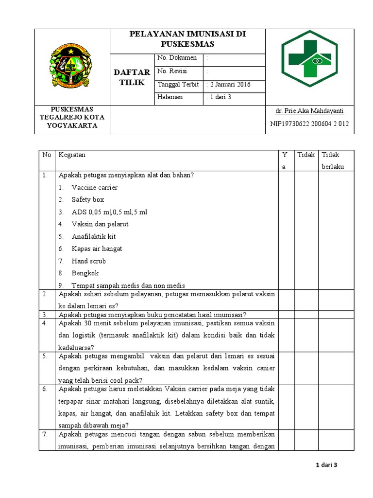 20 Daftar Tilik PELAYANAN IMUNISASI DI PUSKESMAS | PDF