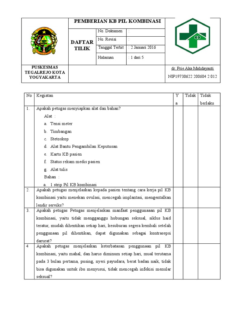 32 Daftar Tilik PEMBERIAN KB PIL KOMBINASI | PDF