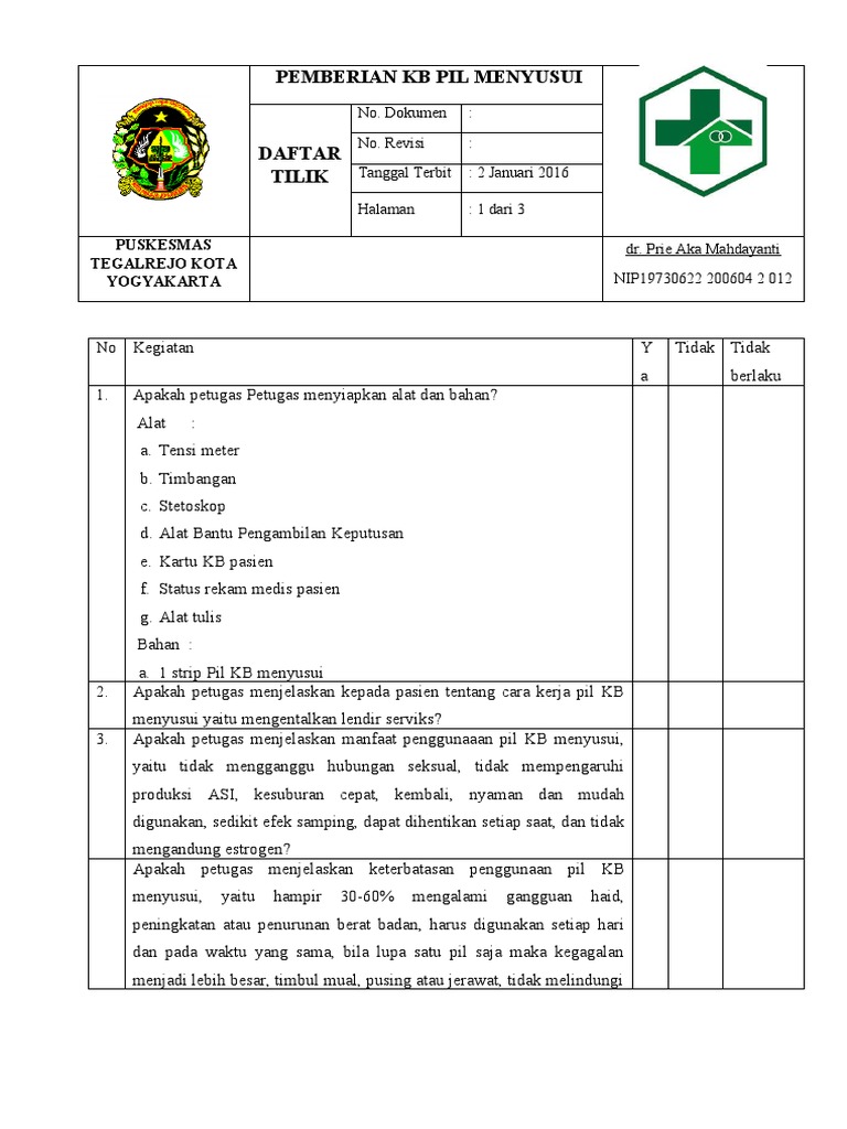 33 Daftar Tilik PEMBERIAN KB PIL MENYUSUI | PDF | Sains & Matematika