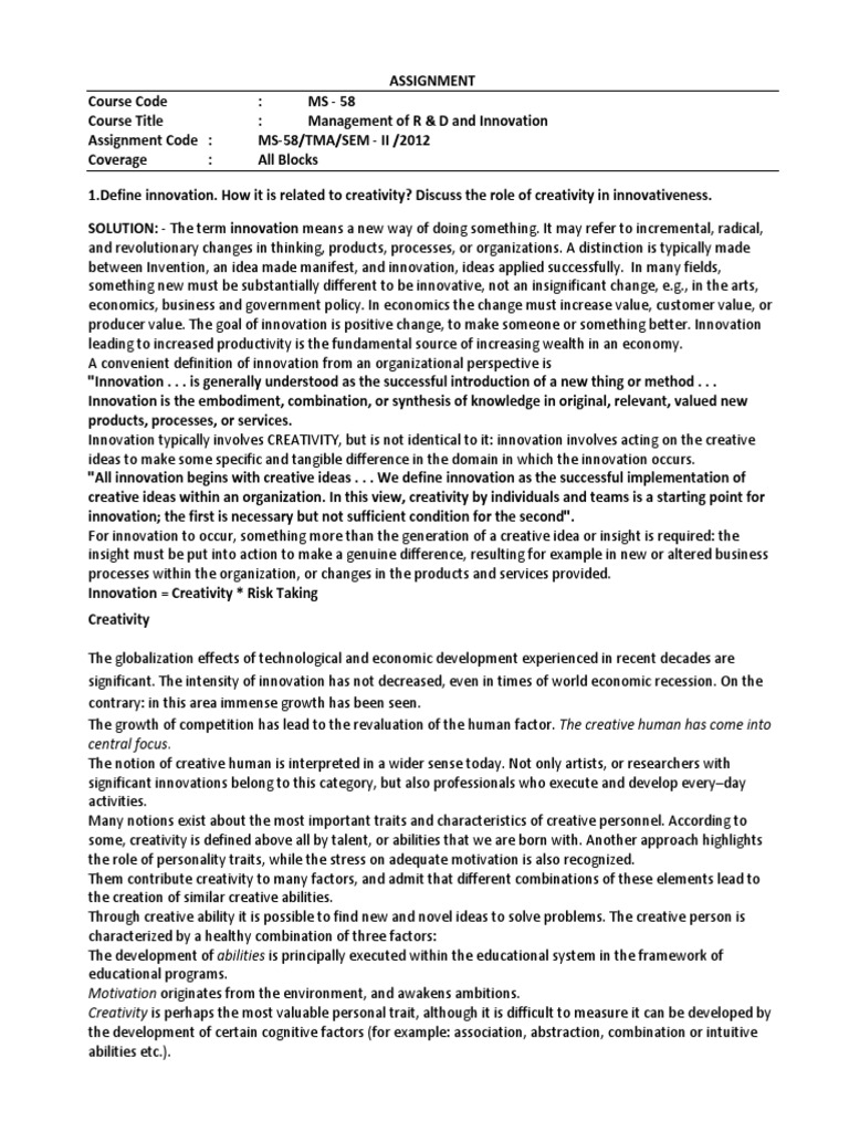 IGNOU MBA MS-58 Solved Assignment | PDF | Creativity | Strategic Management IGNOU MBA MS-58 Solved Assignment | PDF | Creativity | Strategic Management