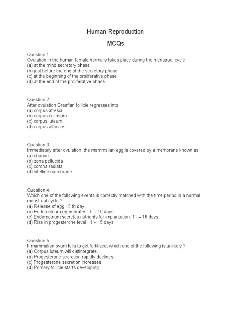 MCQS Human Reproduction Class 12 | PDF | Menstrual Cycle | Ovary