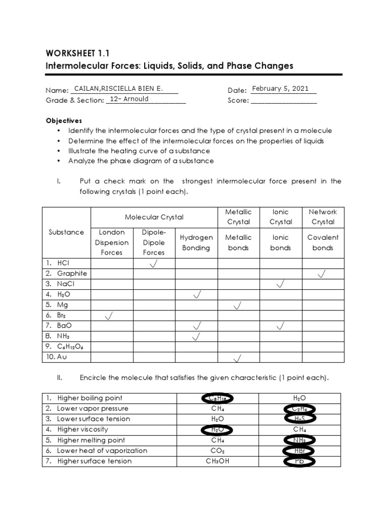 Worksheet 1.1 Intermolecular Forces: Liquids, Solids, and Phase Changes ...